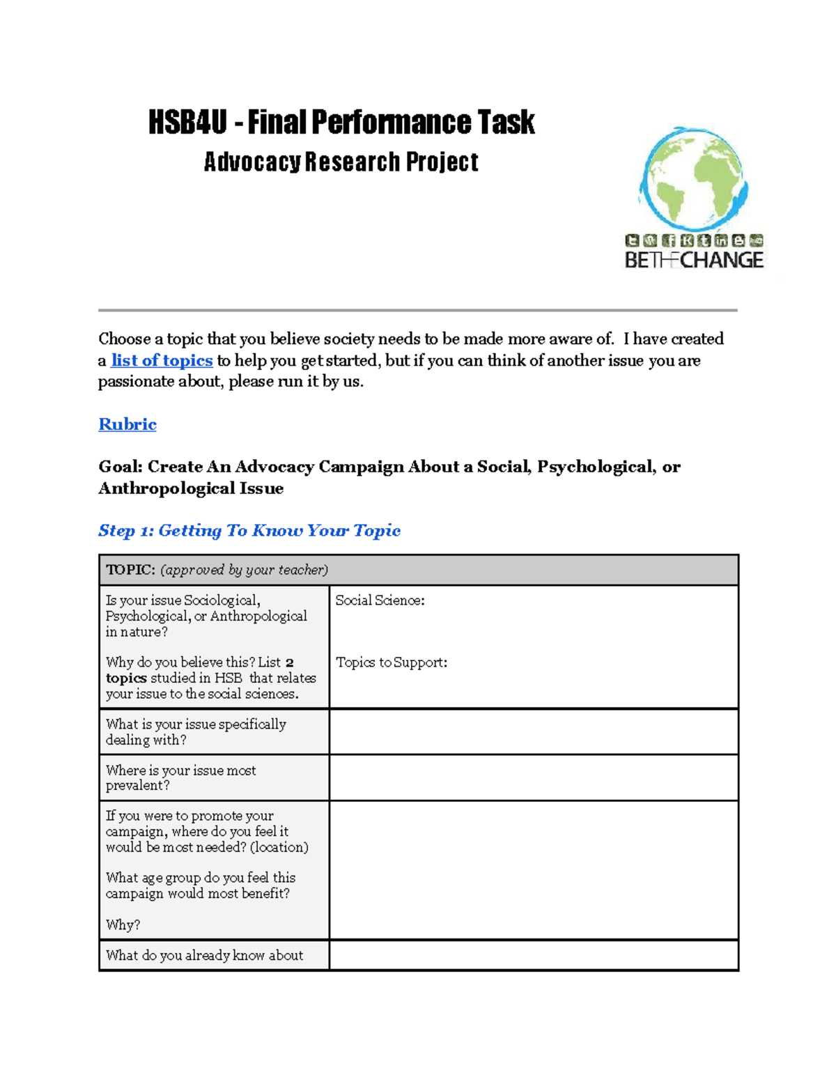 HSB4U Final Performance Task: Advocacy Research Project Guide - Studocu