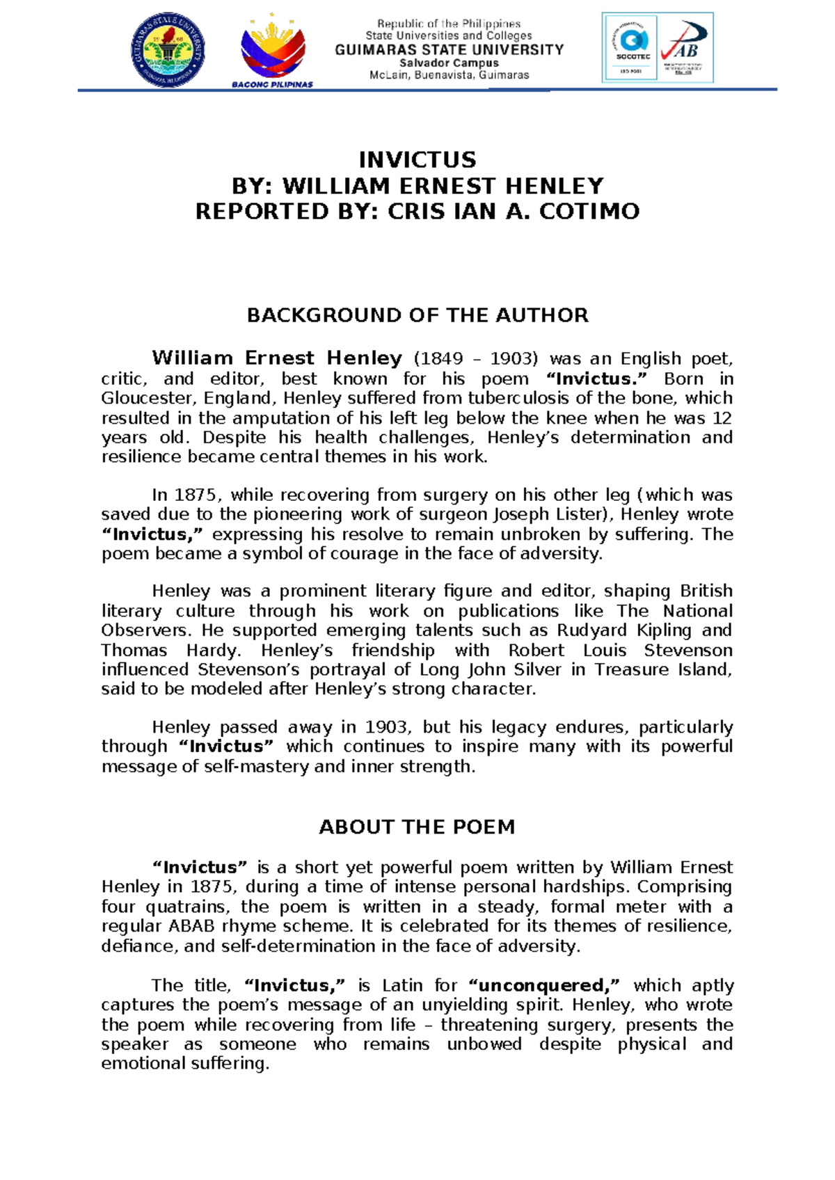 "Analysis and Themes of 'Invictus' by William Ernest Henley" - Studocu