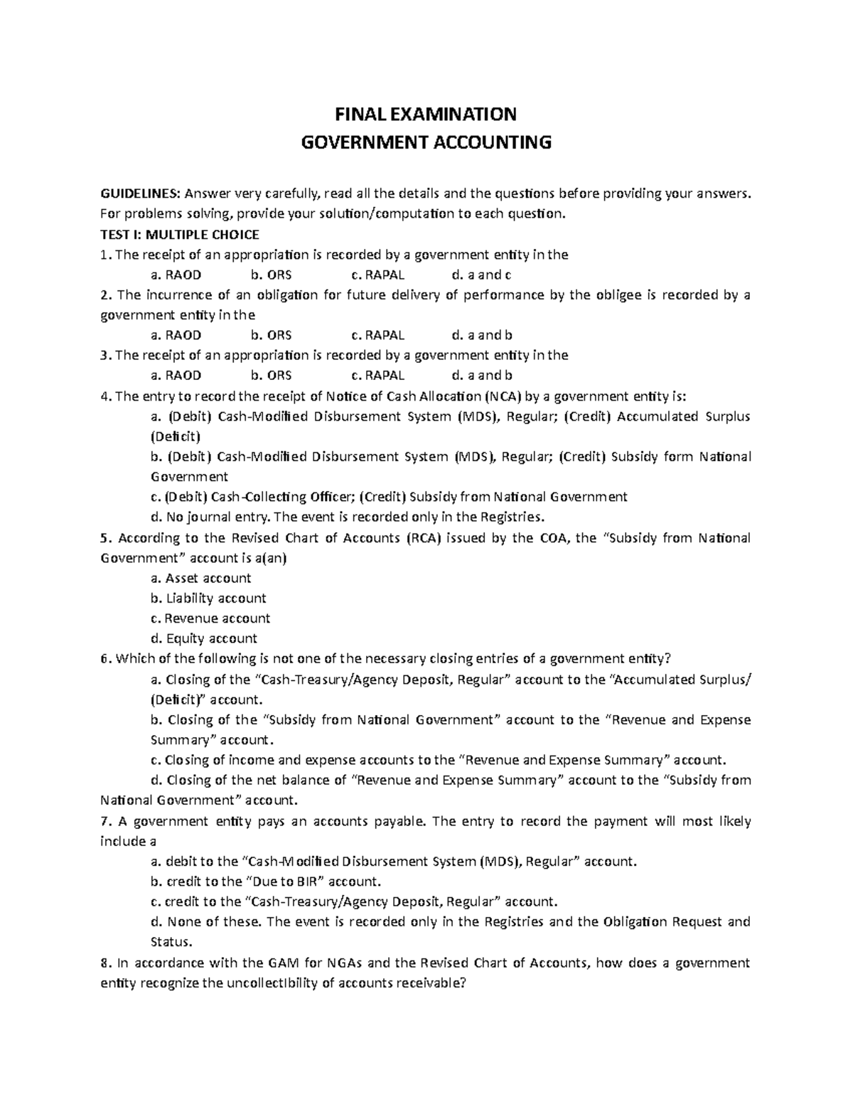 Government Accounting 101 - Final Exam Questionnaires Guide - Studocu