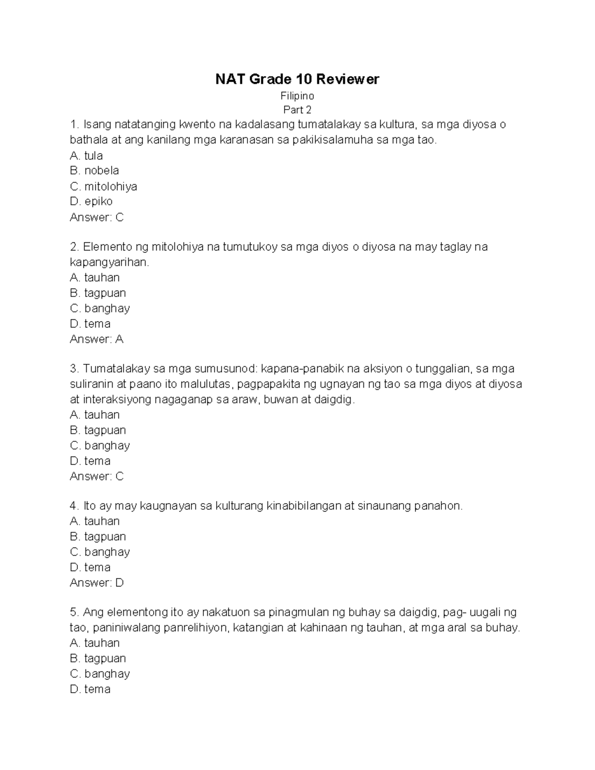 NAT Grade 10 Filipino Reviewer Part 2: Mitolohiya at Panitikan - Studocu