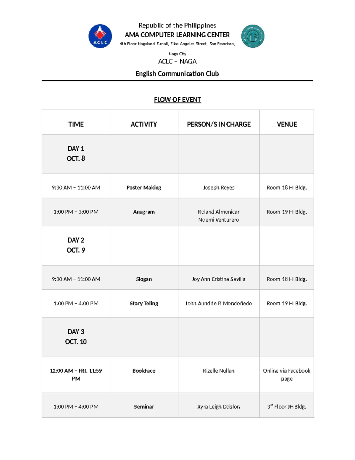 ACLC NAGA English Communication Club Event Flow Schedule - Studocu