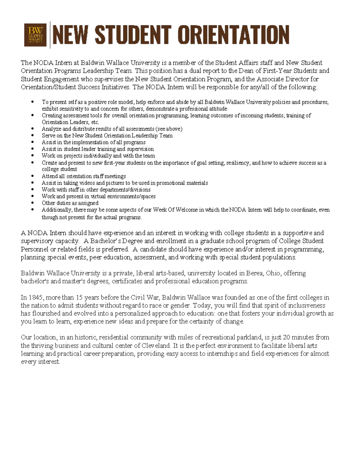 NODA 2021 Intern Job Description at Baldwin Wallace University - Studocu