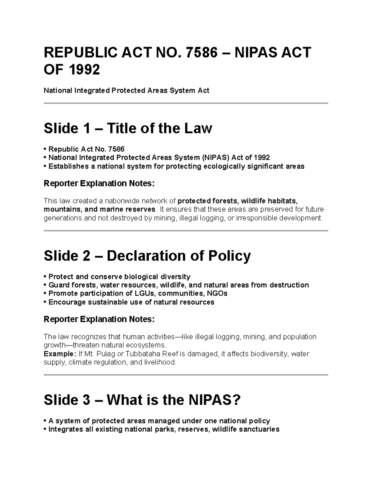 Republic Act No. 7586: NIPAS Act of 1992 Overview and Key Points - Studocu