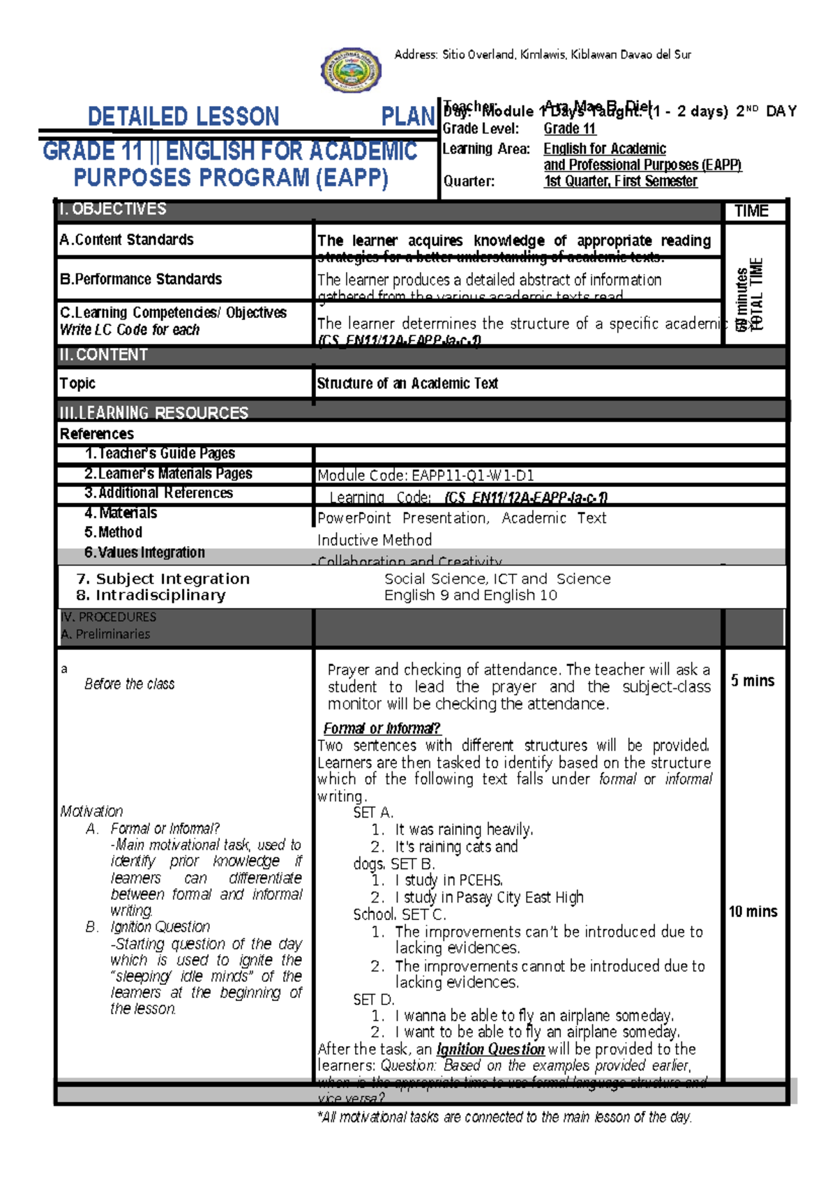 Detailed Lesson Plan for Grade 11 EAPP - Module 1 & 2 - Studocu