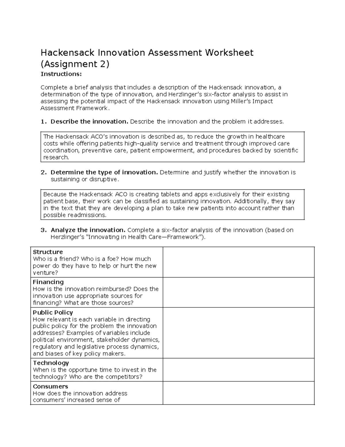 A1 Hackensack Case Study: Disruptive & Sustaining Innovations Worksheet ...