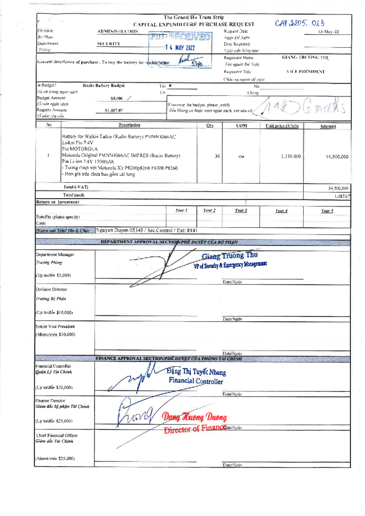 CAP 2205.013 Security Battery Purchase Request for Walkie Talkie - Studocu