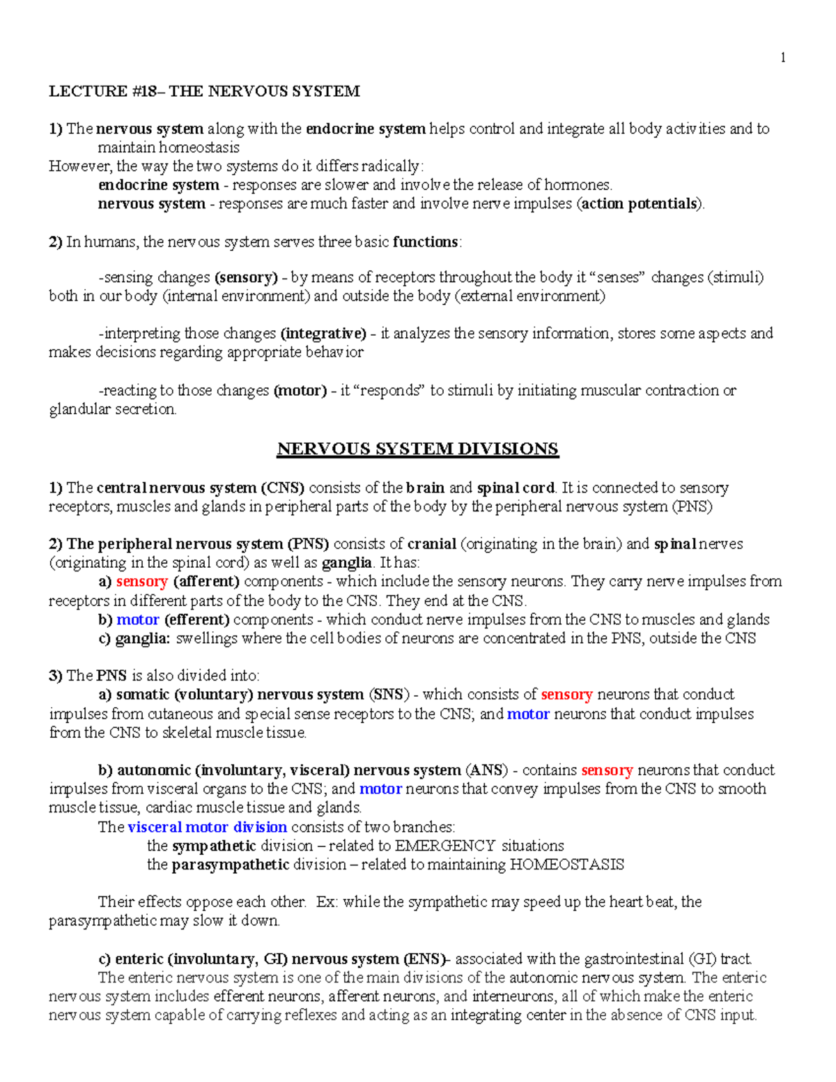 18F25 - Lecture 18: The Nervous System Overview and Functions - Studocu