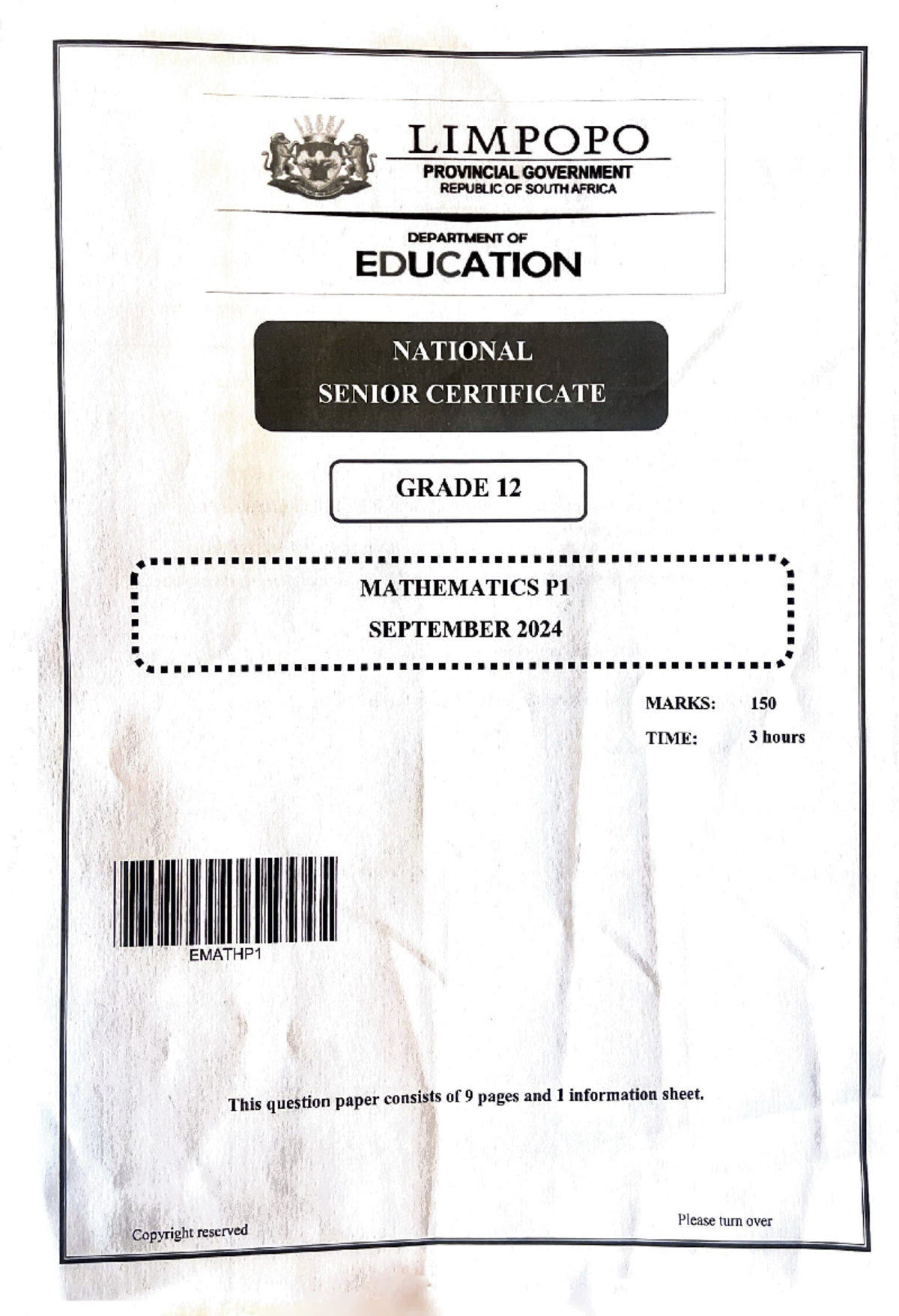 Grade 12 Mathematics P1 Sept 2024 Limpopo Exam Paper EMATHP1 - Studocu