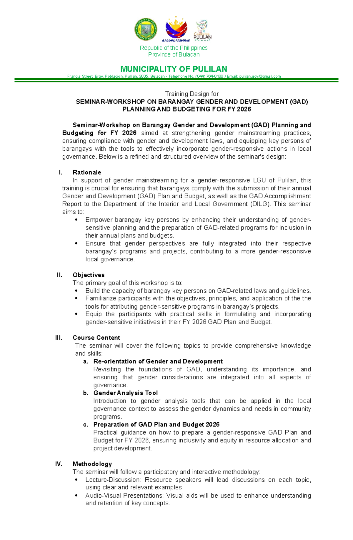 Training Design for Barangay GAD Planning & Budgeting FY 2026 - Studocu
