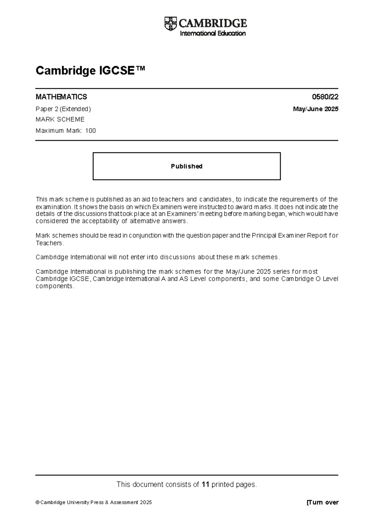 Cambridge IGCSE Mathematics 0580 Paper 2 (Extended) 2025 Mark Scheme ...