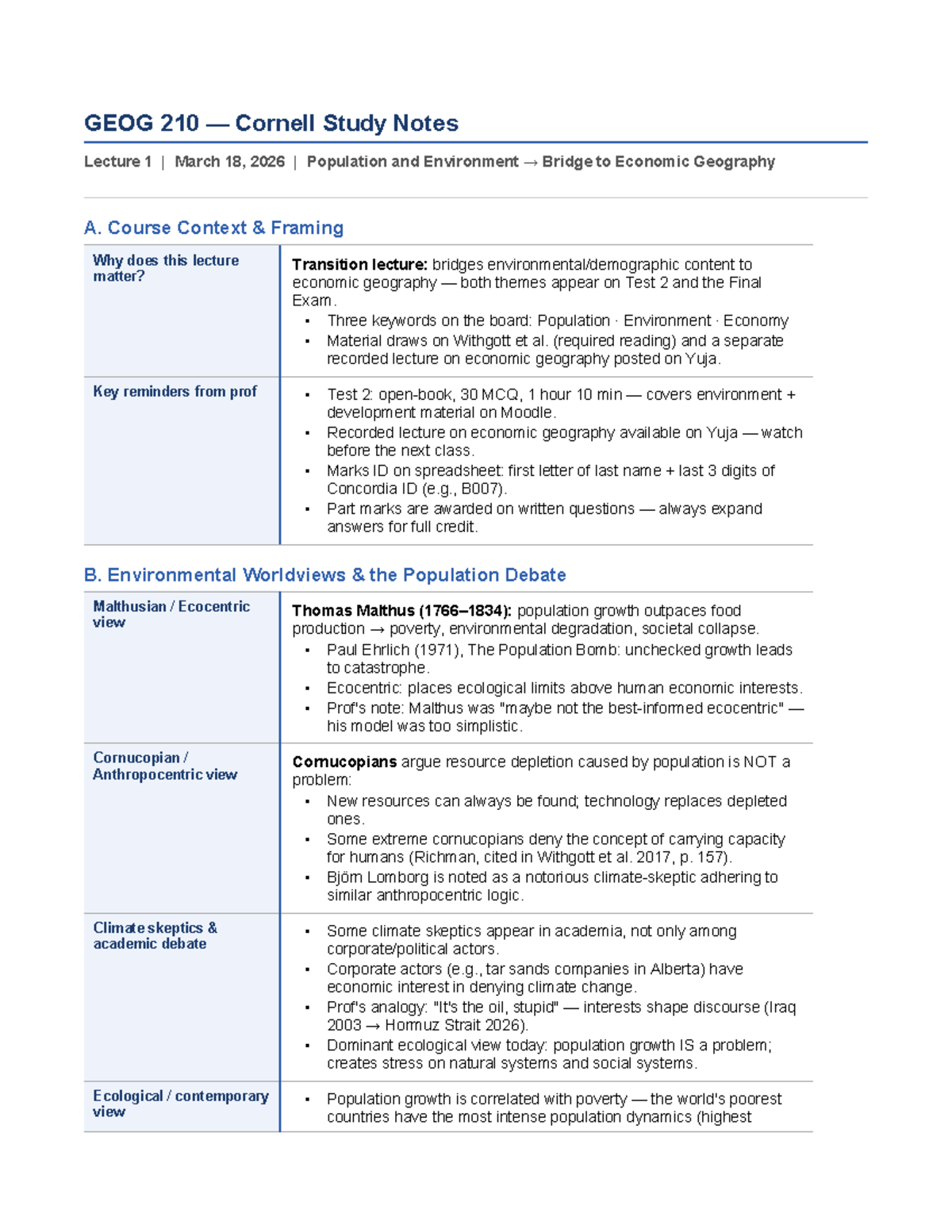 GEOG 210 Cornell Lecture Notes: Population, Environment & Global ...