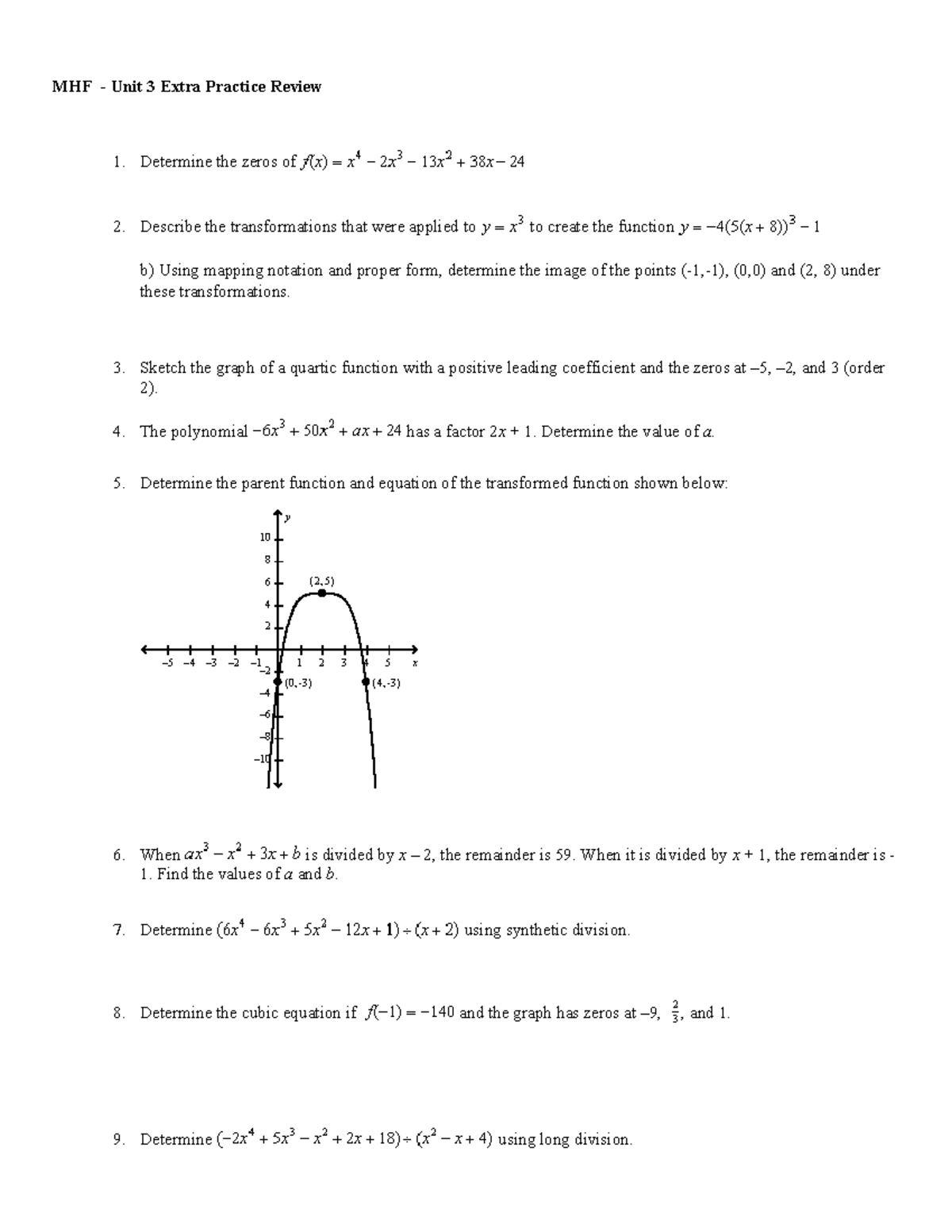 MHF Unit 3 Extra Practice Review: Zeros & Transformations - Studocu