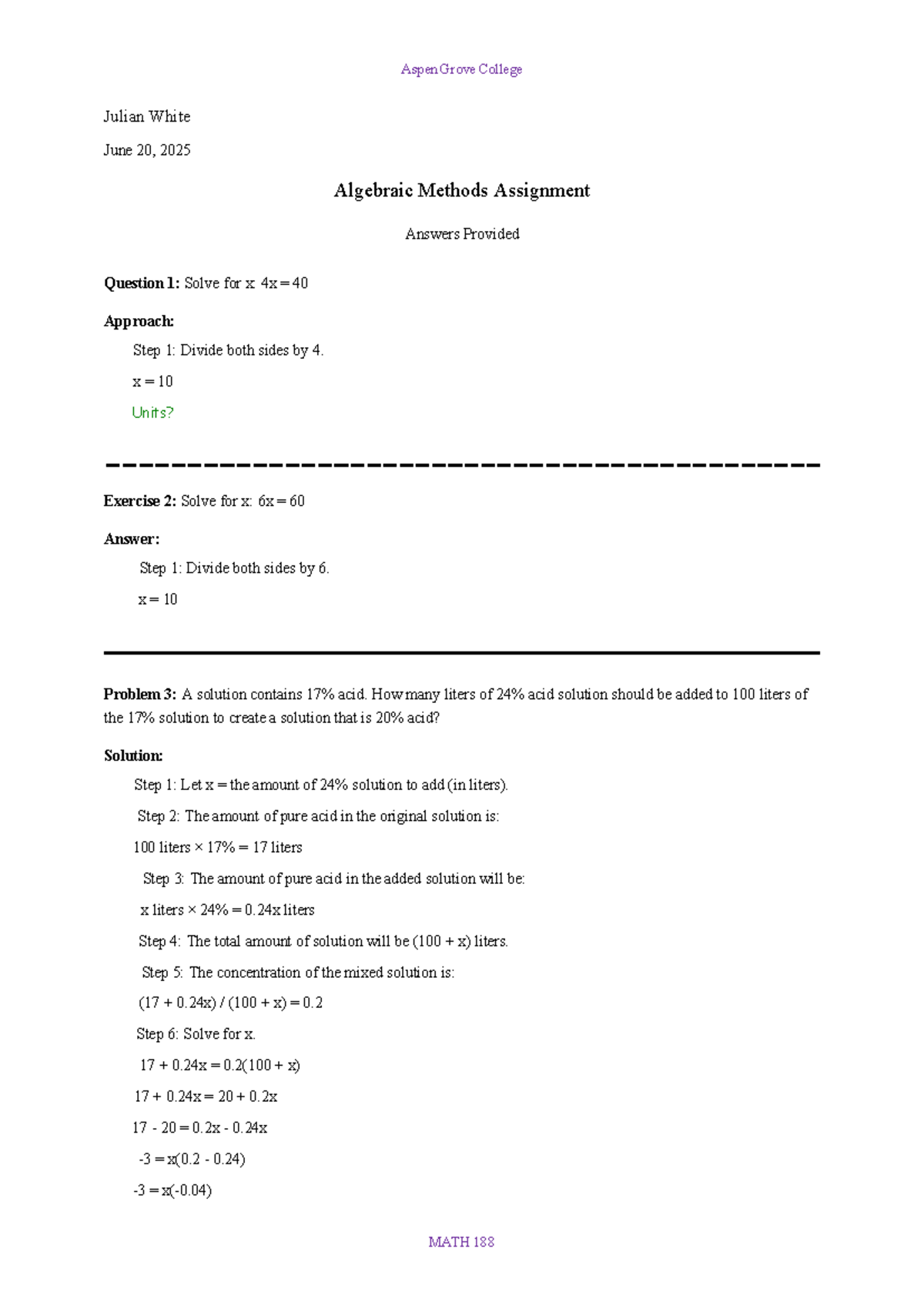MATH 188 Algebraic Methods Assignment Solutions and Steps - Studocu