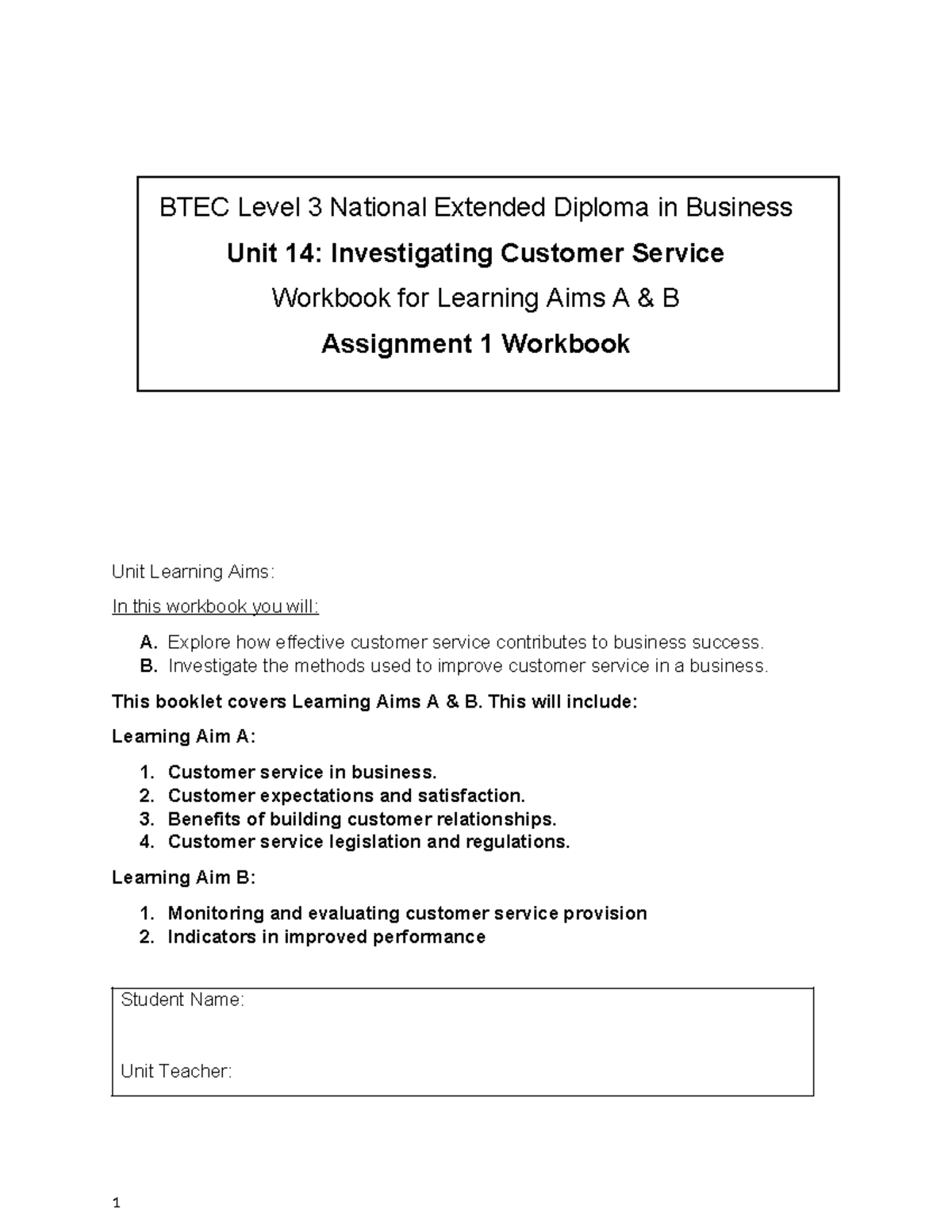 Unit 14 Workbook: Investigating Customer Service Learning Aims A & B ...