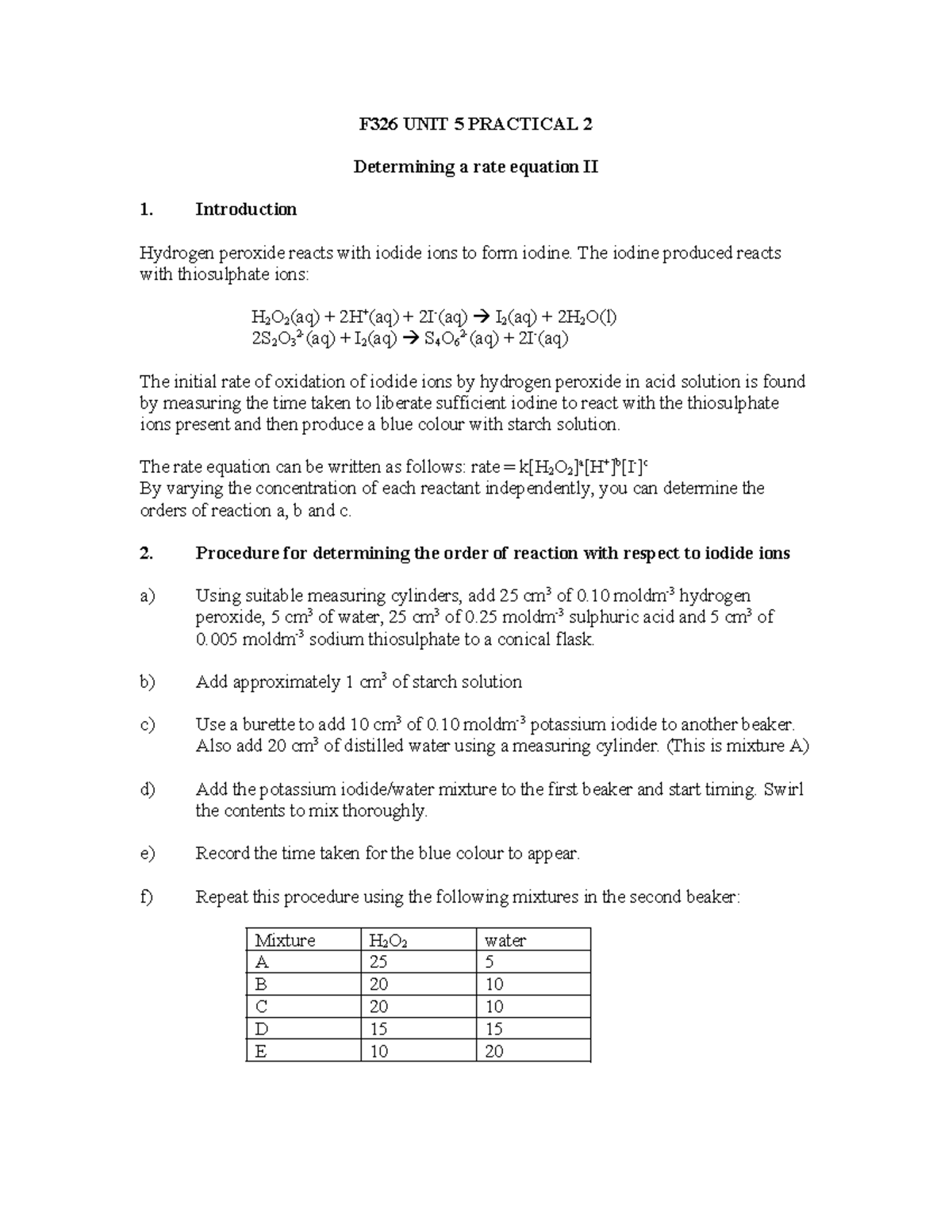 Unit 5 practical 2 - orders of reaction ii - F326 UNIT 5 PRACTICAL 2 ...