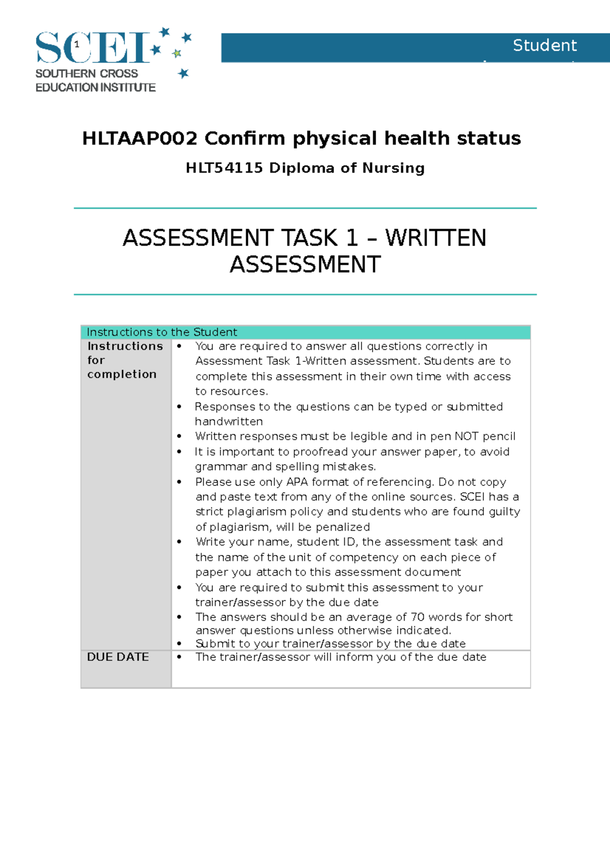 HLTAAP002 Confirming Physical Health Status: Assessment Task 1 Guide ...