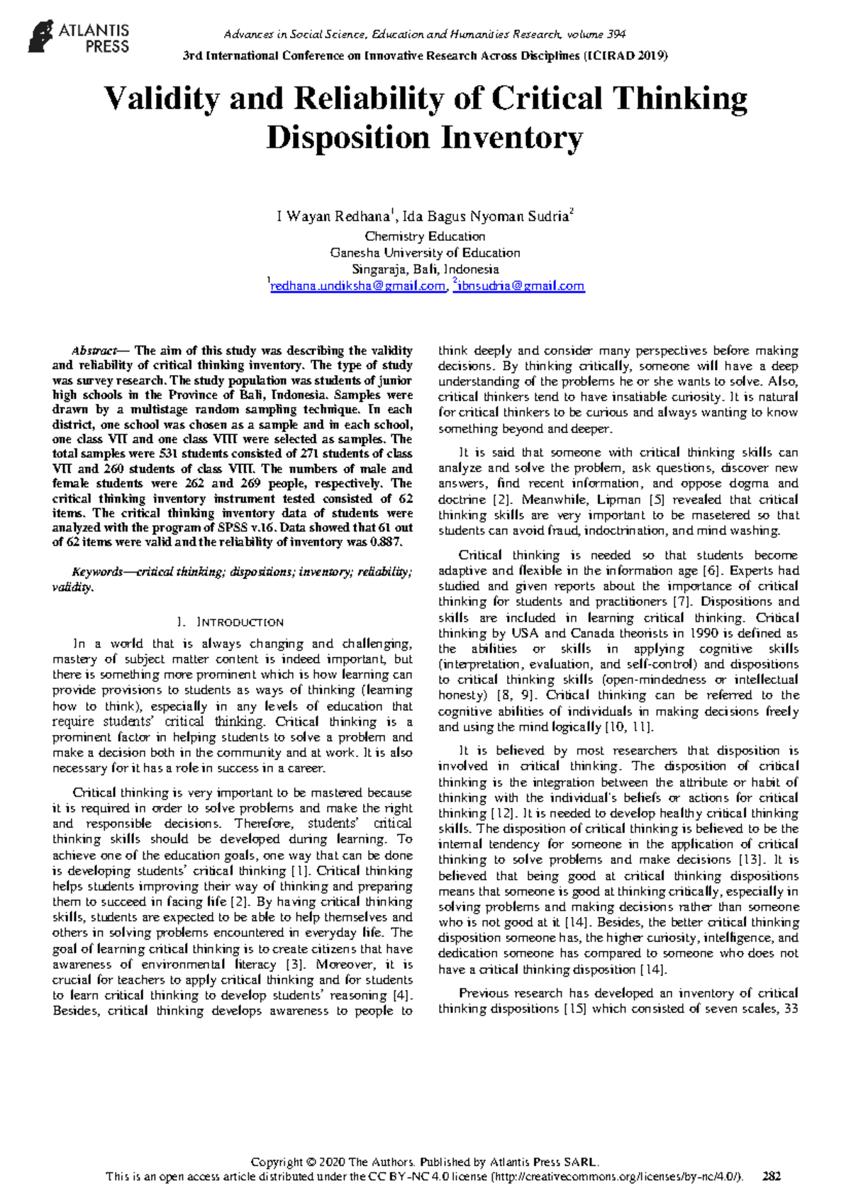 Validity and Reliability of Critical Thinking Disp - Validity and ...