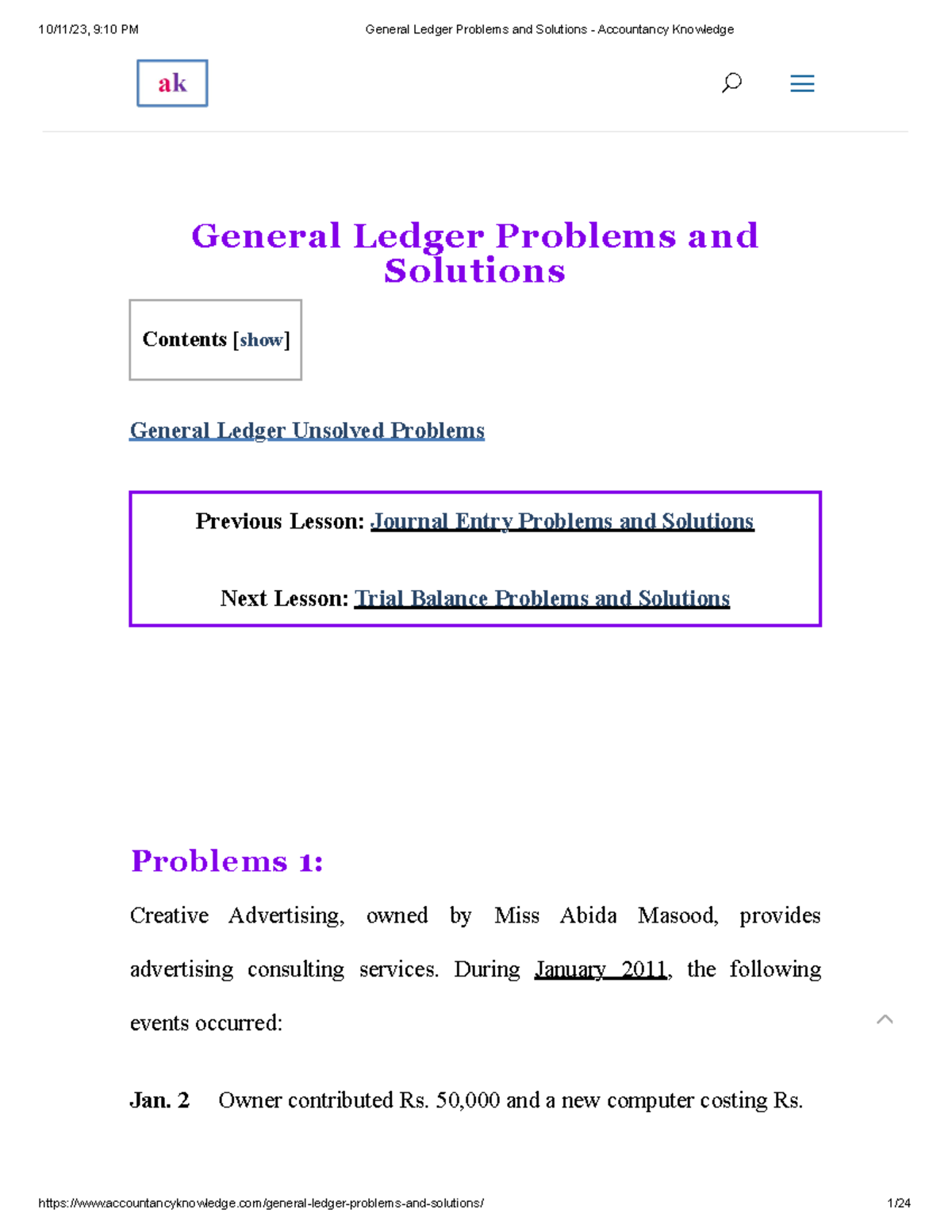 General Ledger Problems and Solutions - Accountancy Knowledge - General Ledger Problems and ...