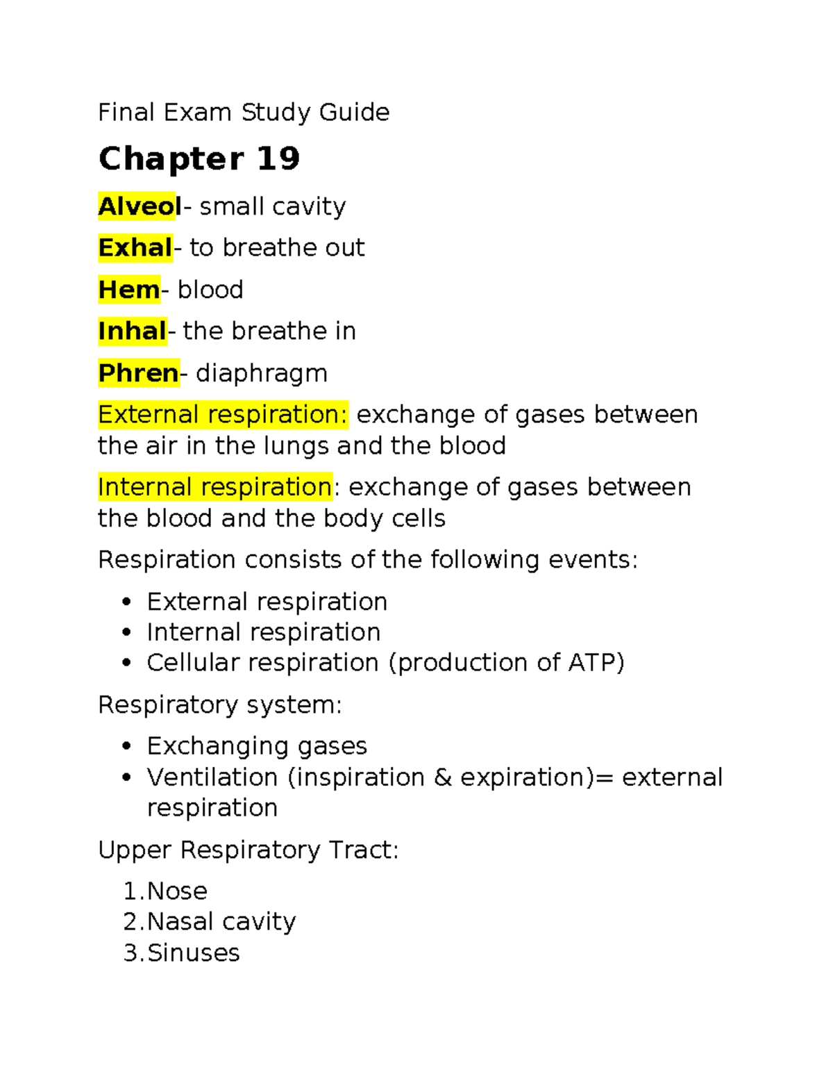 Final exam review - notes - Final Exam Study Guide Chapter 19 Alveol ...