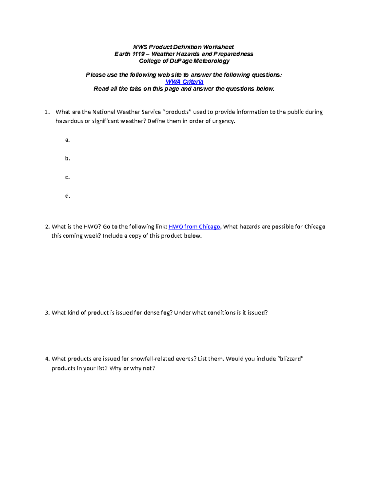 Earth 1119 - NWS Product Definition Worksheet for Weather Hazards - Studocu
