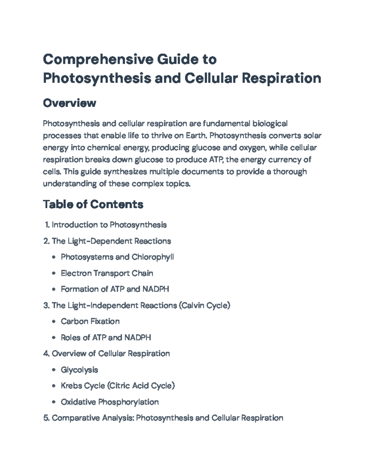 Comprehensive Overview of Photosynthesis and Cellular Respiration ...
