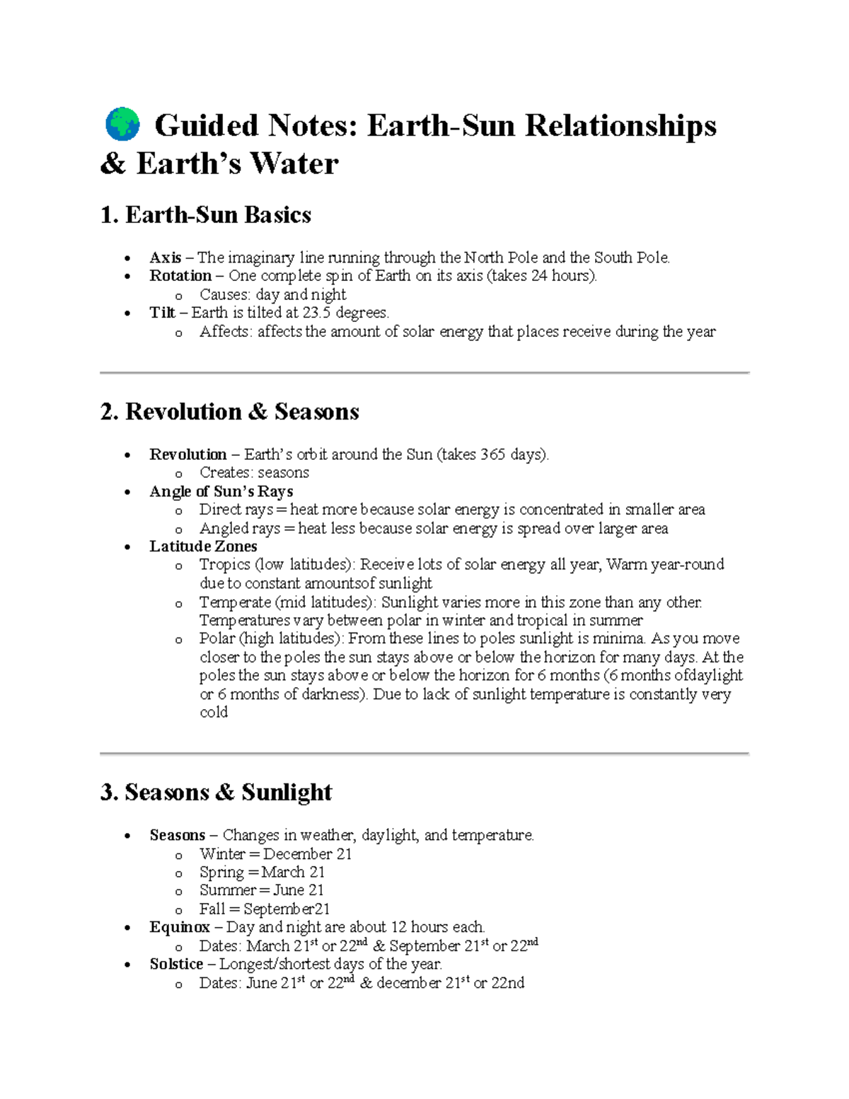 Guided Notes: Water Relationships and Earth's Seasons - Studocu