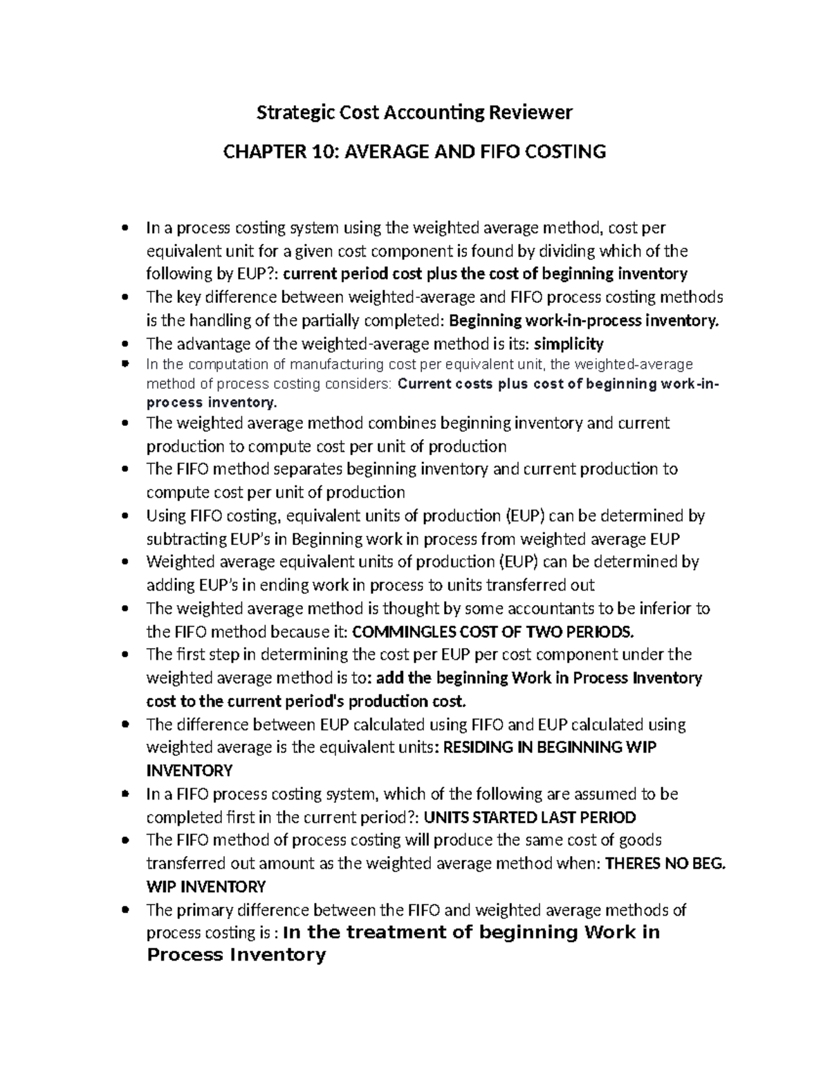 Strategic Cost Accounting Reviewer: Chapter 10 - Average & FIFO Costing ...