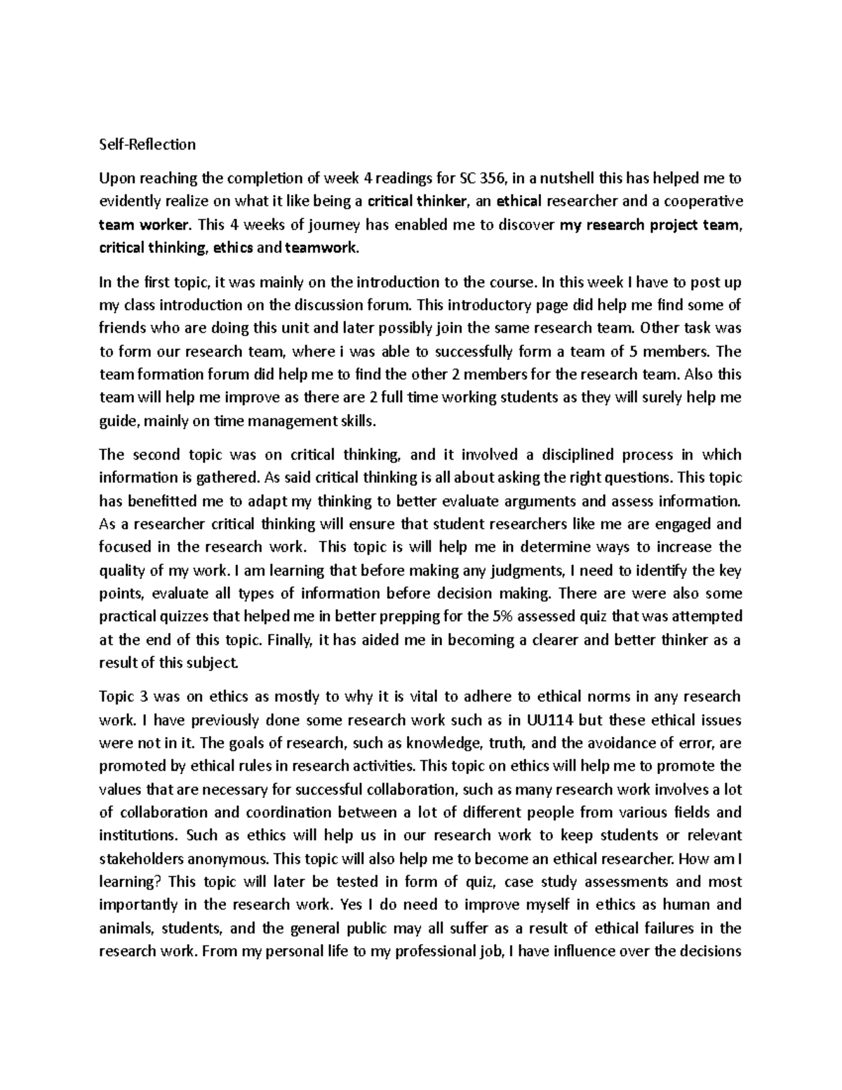 Self-Reflection on SC 356: Insights from Weeks 1-4 Logbook - Studocu