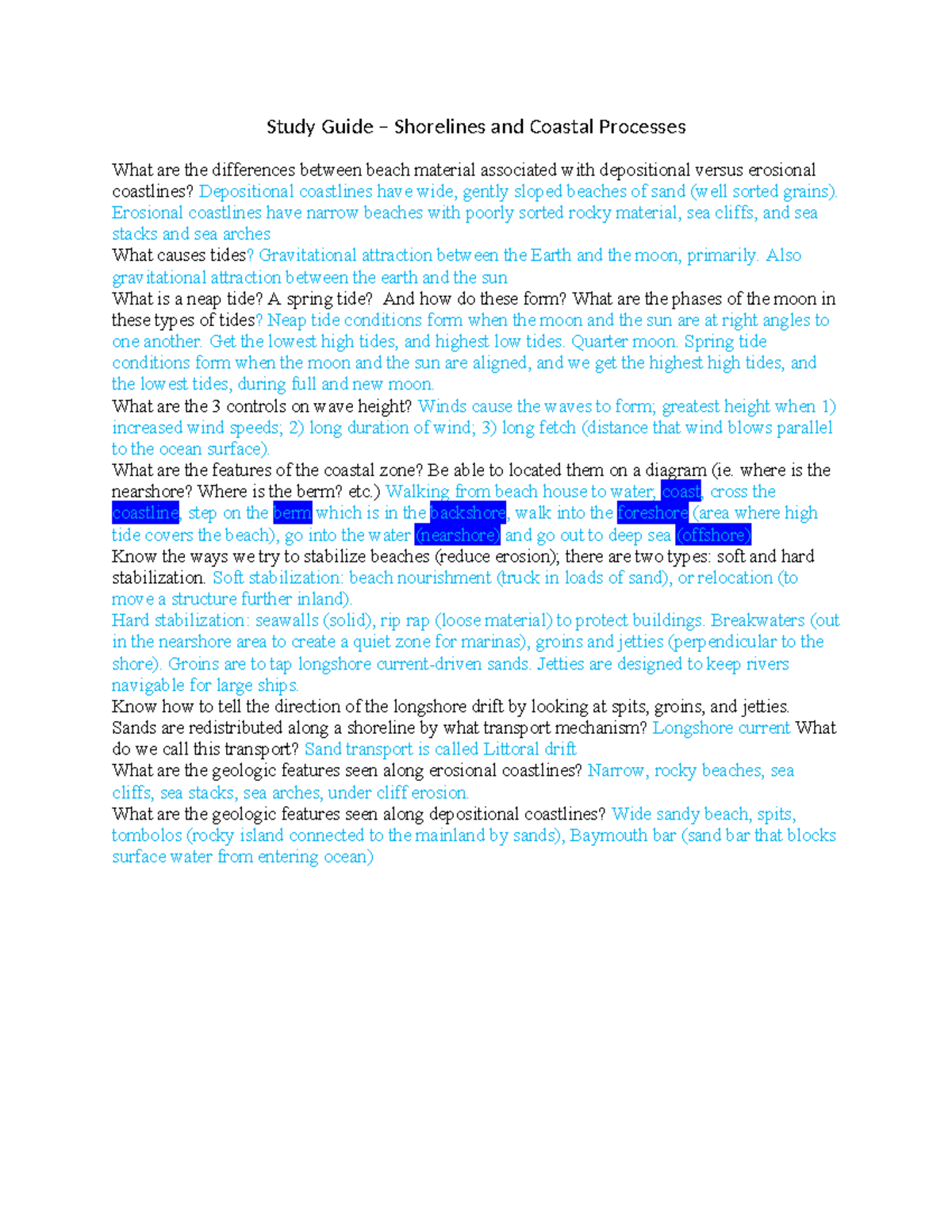 Study Guide for Exam 3: Shorelines & Coastal Processes - Studocu