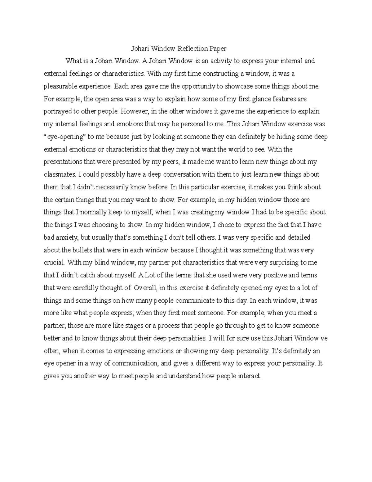 Johari Window Reflection Paper: Insights on Self-Expression and ...