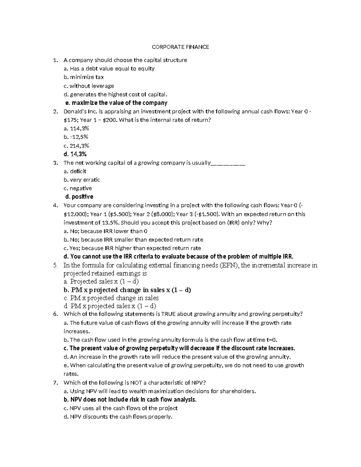 Corporate Finance 1 - Practice Questions and Concepts Review - Studocu