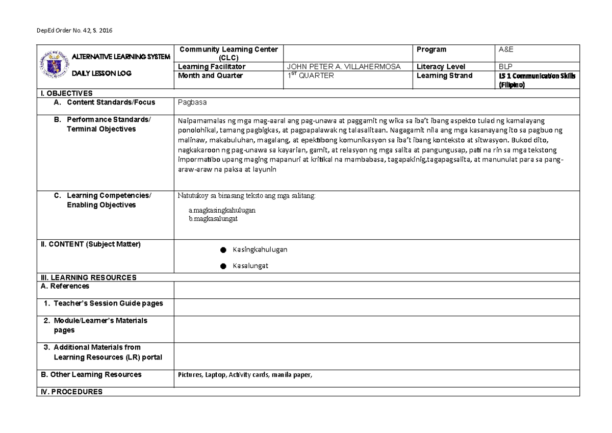DepEd Order No. 42, S. 2016: Daily Lesson Log for ALS Communication ...