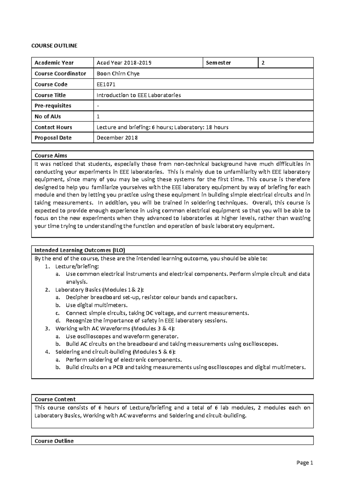 EE1071 labs syllabus outline and guide - COURSE OUTLINE Academic Year Acad Year 2018-2019 ...