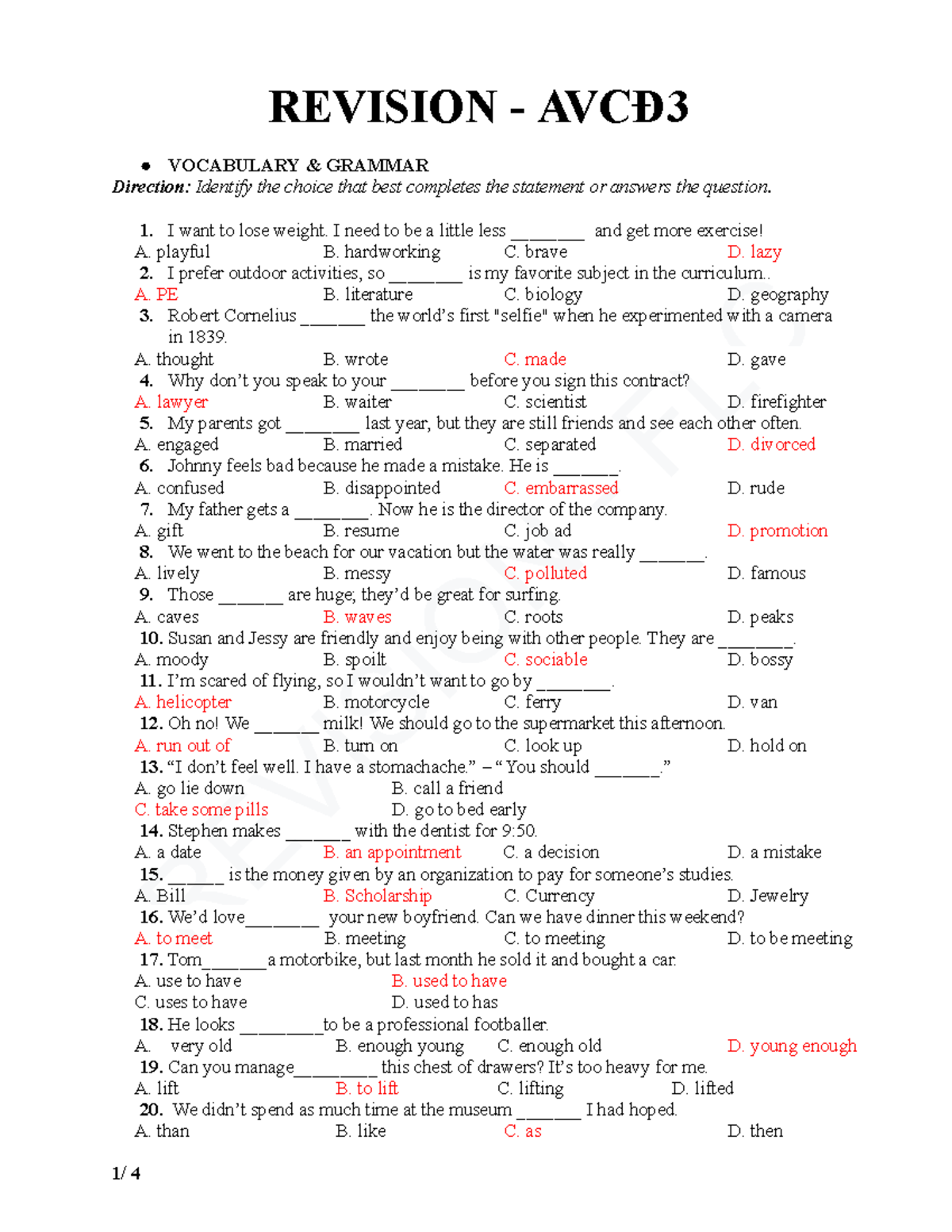[24DDS.CL.QNH] - Revision AV3 Vocabulary & Grammar Practice - Studocu