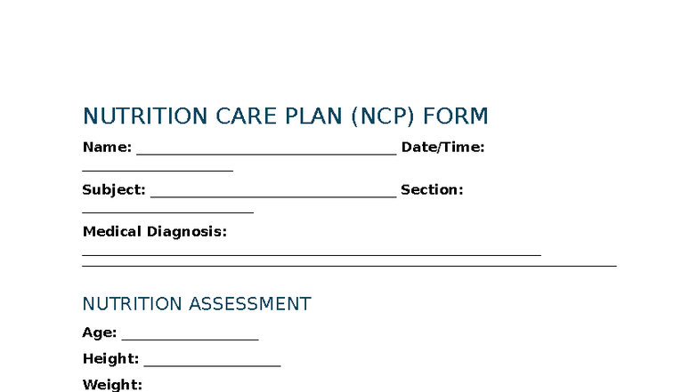 NUTRITION CARE PLAN (NCP) FORM - Comprehensive Assessment ...