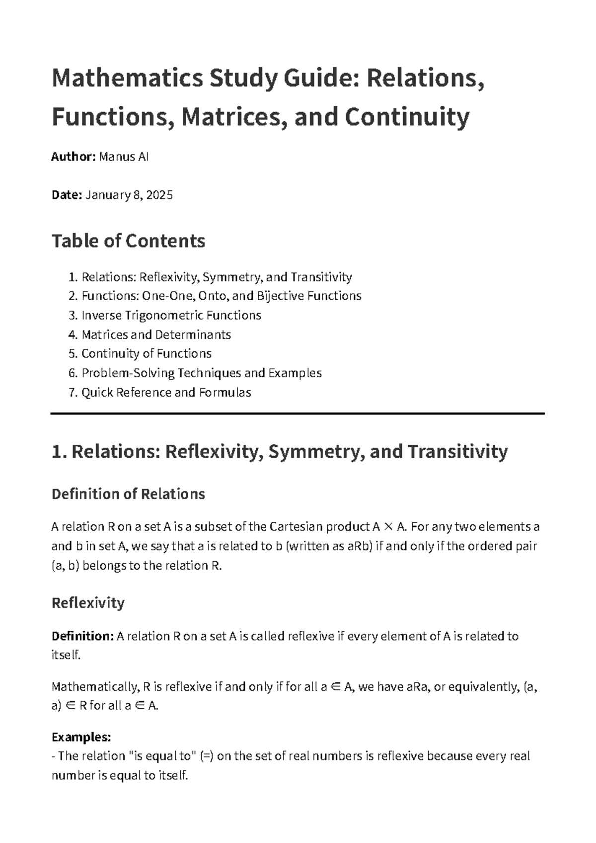 Mathematics Study Guide (MATH101): Relations, Functions, and Matrices - Studocu