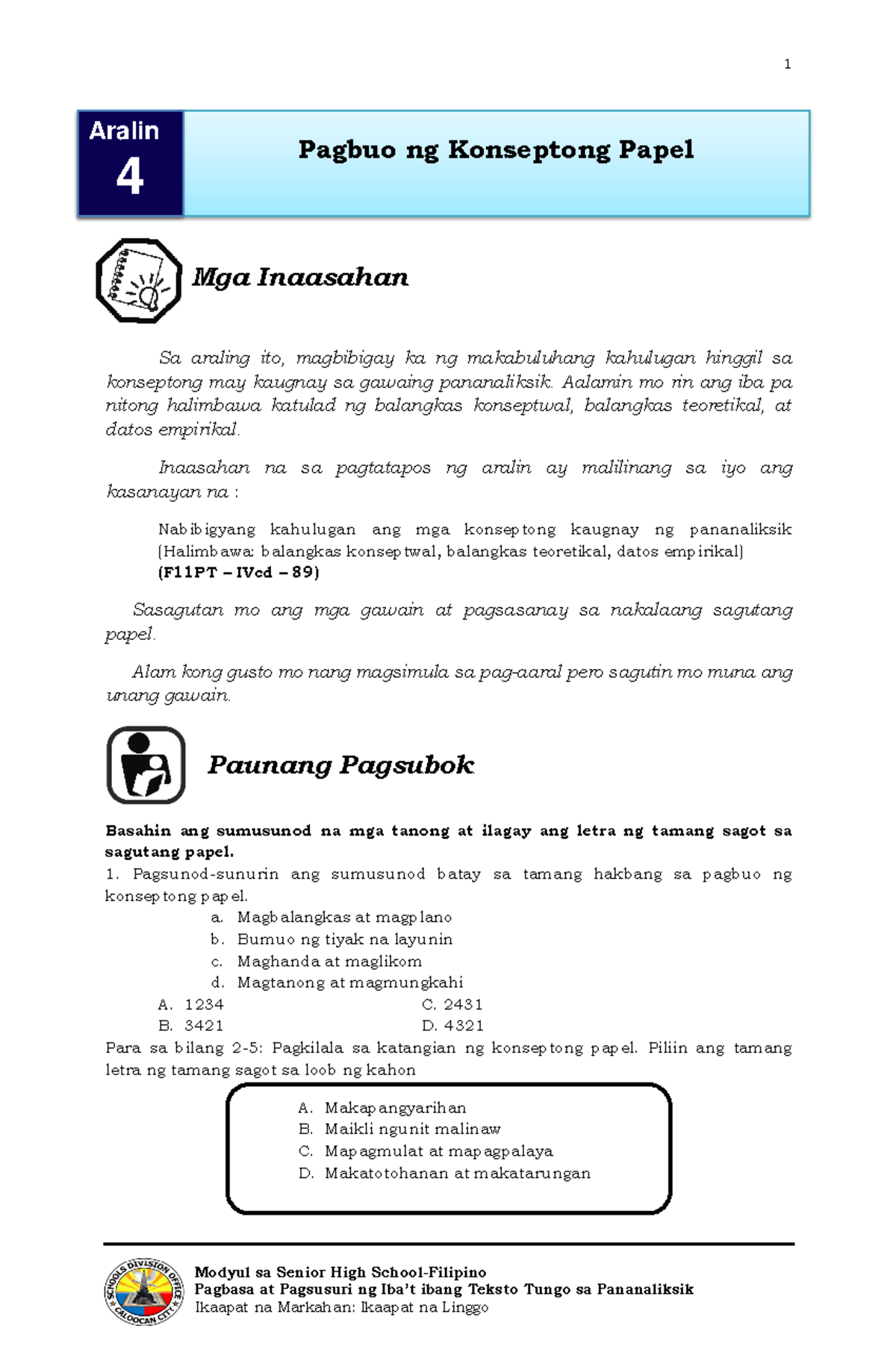 Filipino SHS Pananaliksik Modyul Q4 Week 4: Pagbasa at Pagsusuri - Studocu