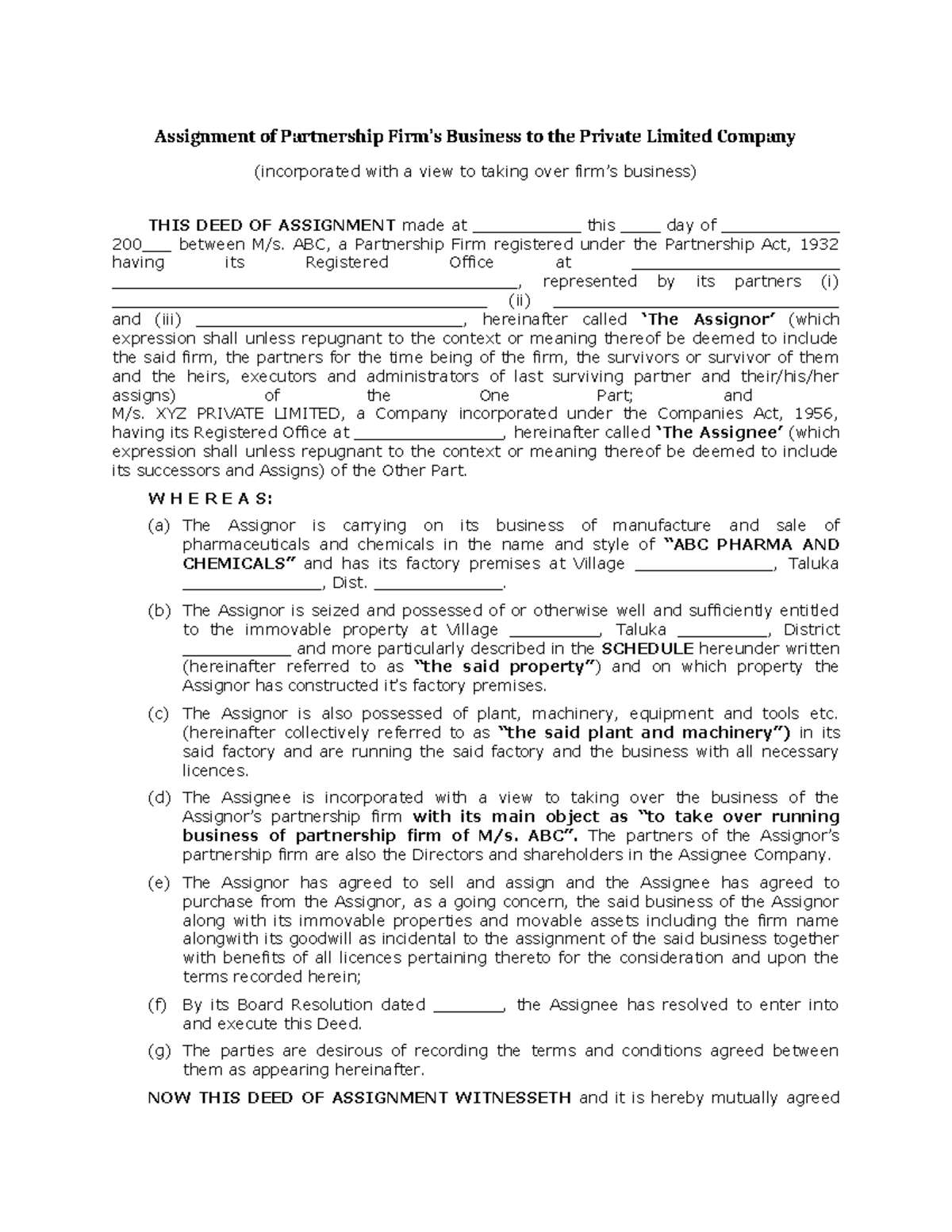 Assignment of Partnership Firm’s Business to the Private Limited ...