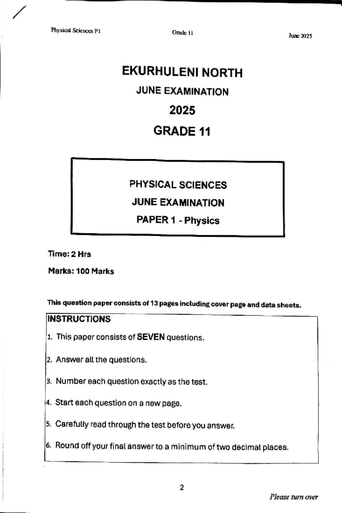 Grade 11 Physical Sciences P1 June 2025 Practice Exam Paper - Studocu