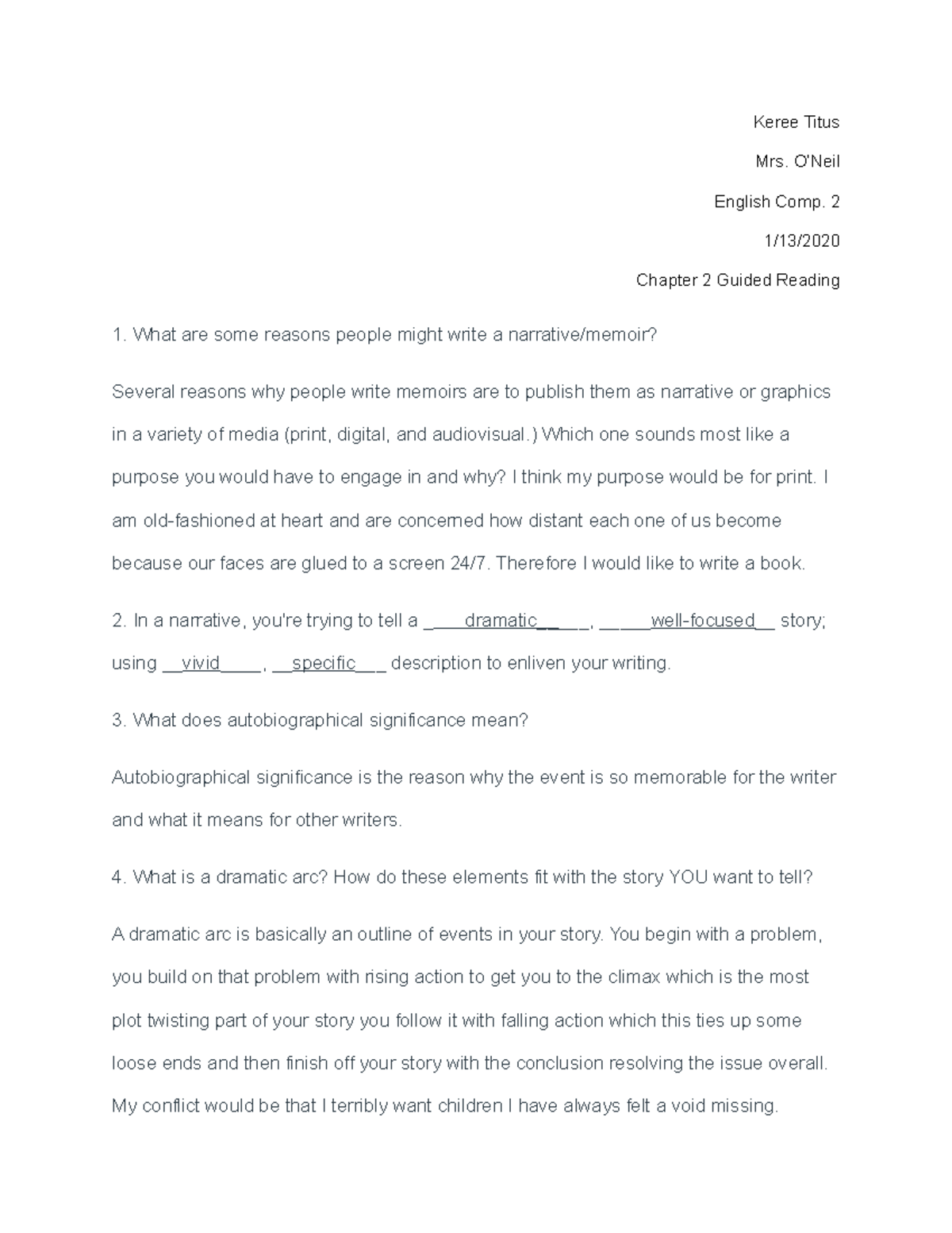 English Comp. 2 Chapter 2 Guided Reading & Memoir Writing Insights ...