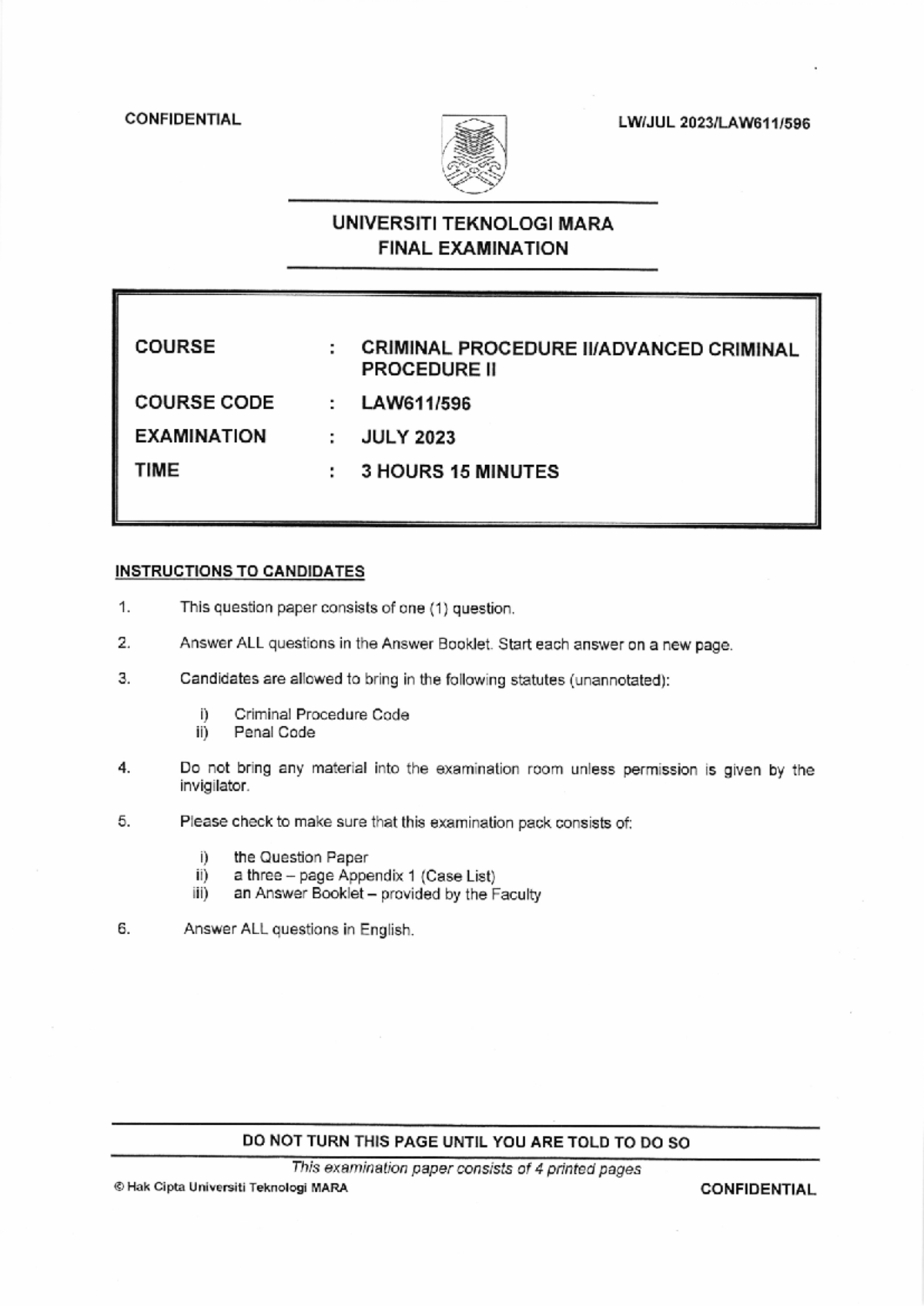 CPC LA Criminal Procedure II Final Exam July 2024 Question Paper - Studocu