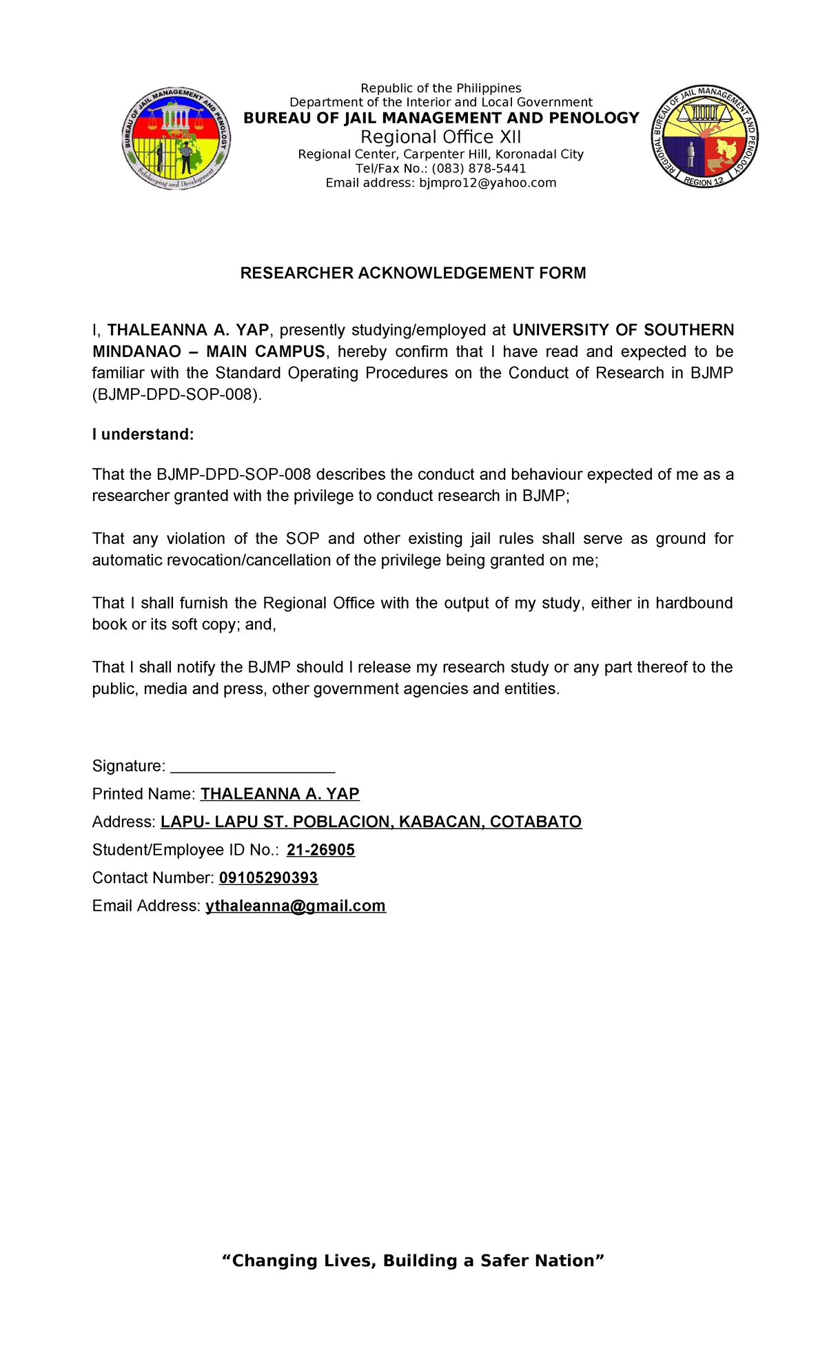 Researcher Acknowledgement Form for BJMP Research Conduct - Studocu