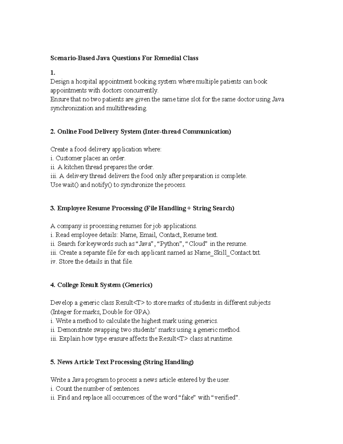 Java Scenario Questions for Remedial Class 1: System Design & Processing - Studocu