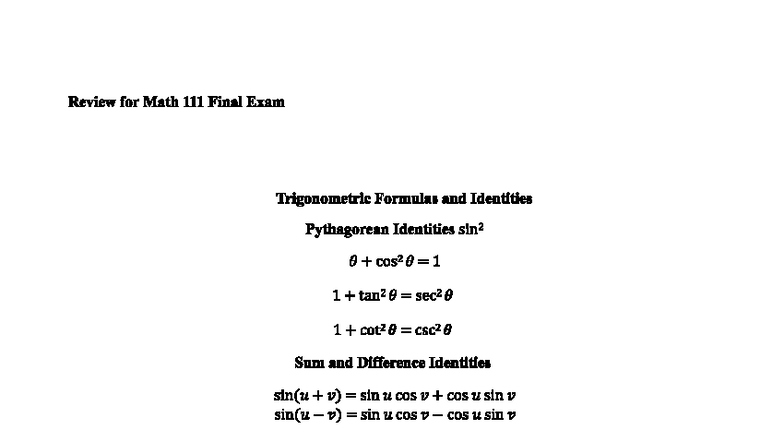 Math 111 Final Exam Review: Trigonometric Formulas & Identities - Studocu