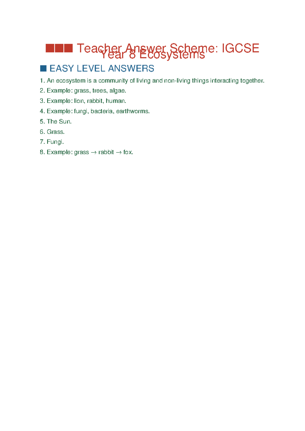 IGCSE Year 8 Ecosystem Answer Scheme: Teacher's Guide - Studocu