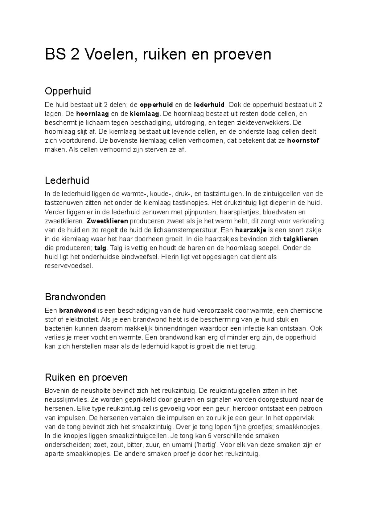 BS 2 Les over Voelen, Ruiken en Proeven: Huid en Zintuigen - Studeersnel