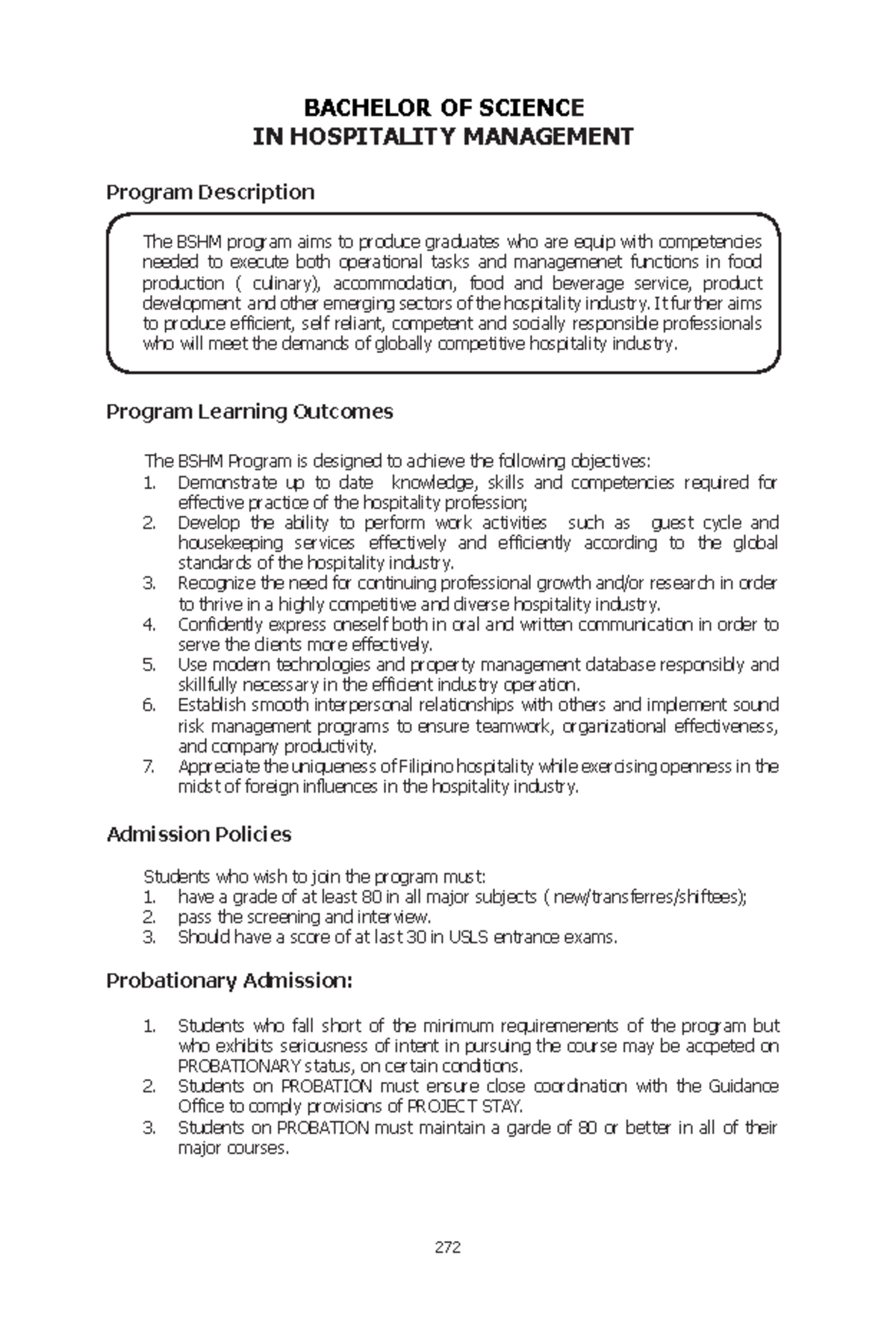 BACHELOR OF SCIENCE IN HOSPITALITY MANAGEMENT PROGRAM OVERVIEW - Studocu