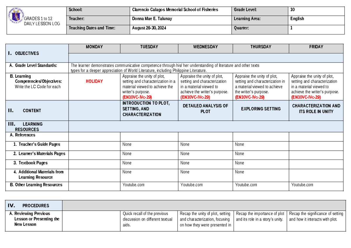 English 10 - Quarter 1, Week 5 Lesson Plan on Plot & Characterization ...