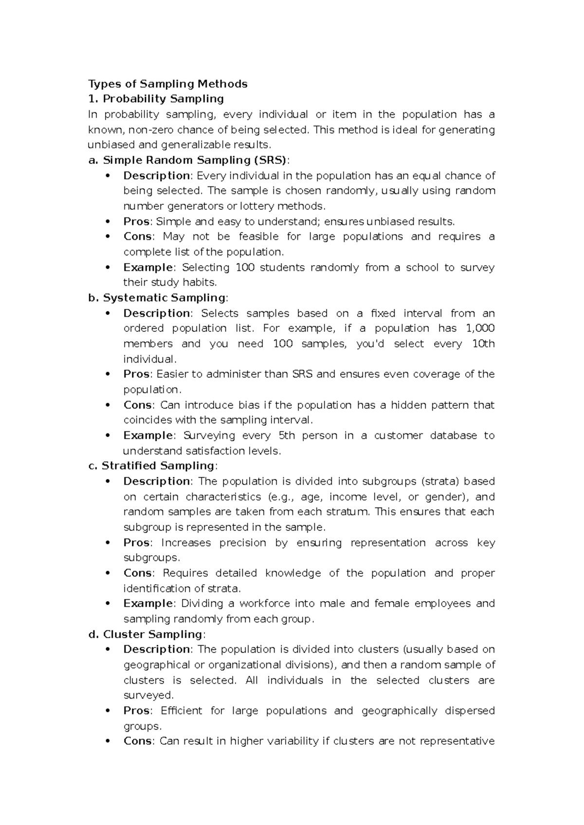 Samp Notes - Types of Sampling Methods Probability Sampling In ...