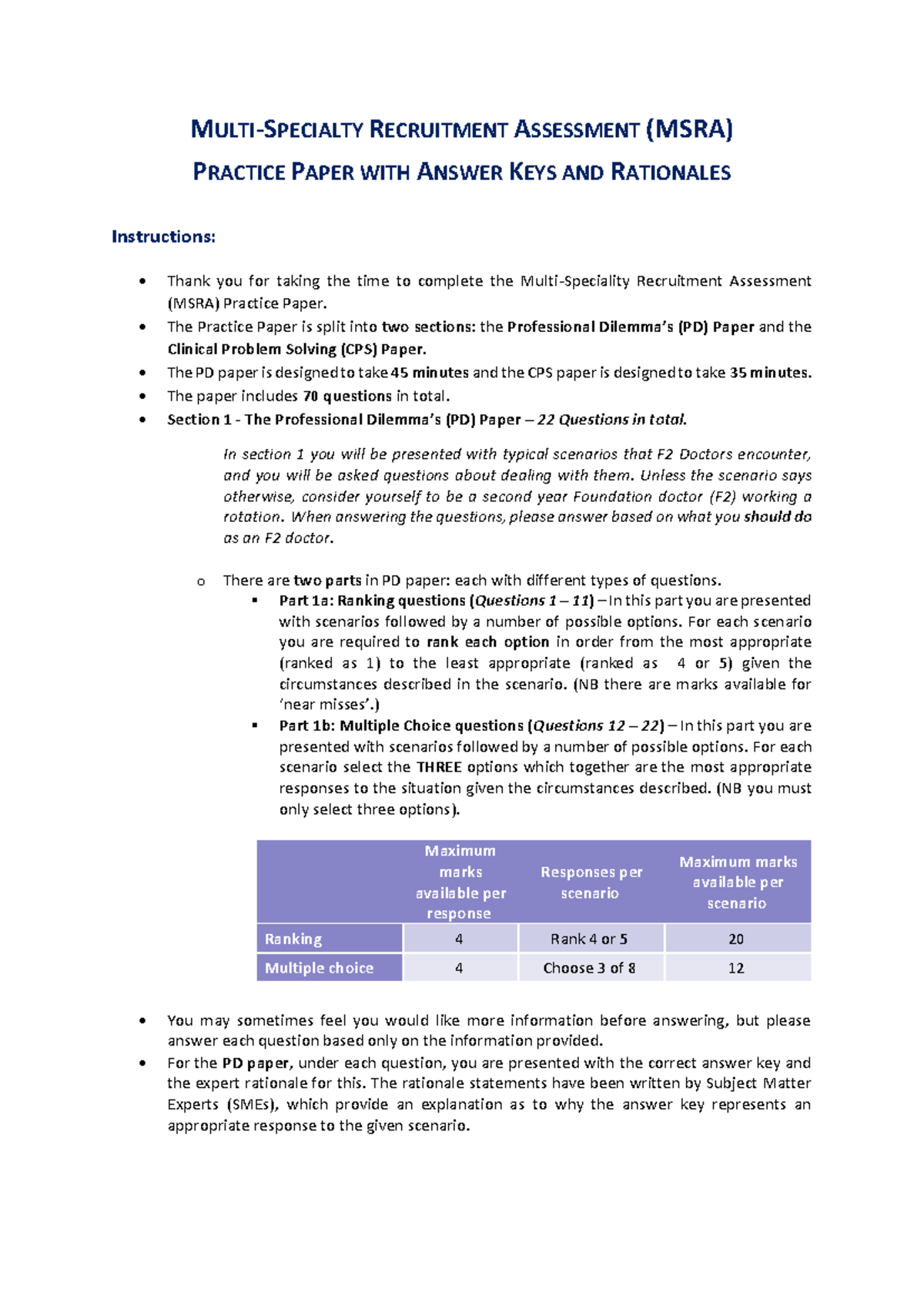 MSRA Practice Paper with Answers & Rationale (Updated) - Studocu